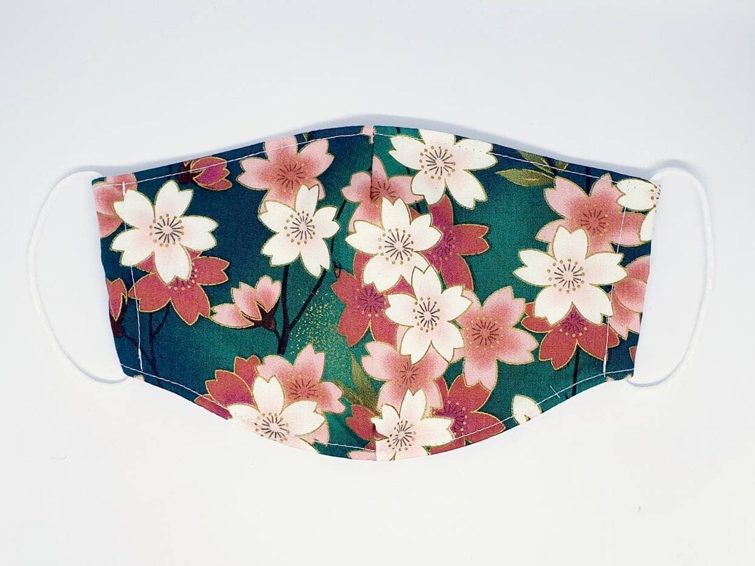 Japanese Cherry Blossom Face Mask, Green & Gold Cotton, Reusable Cloth ...