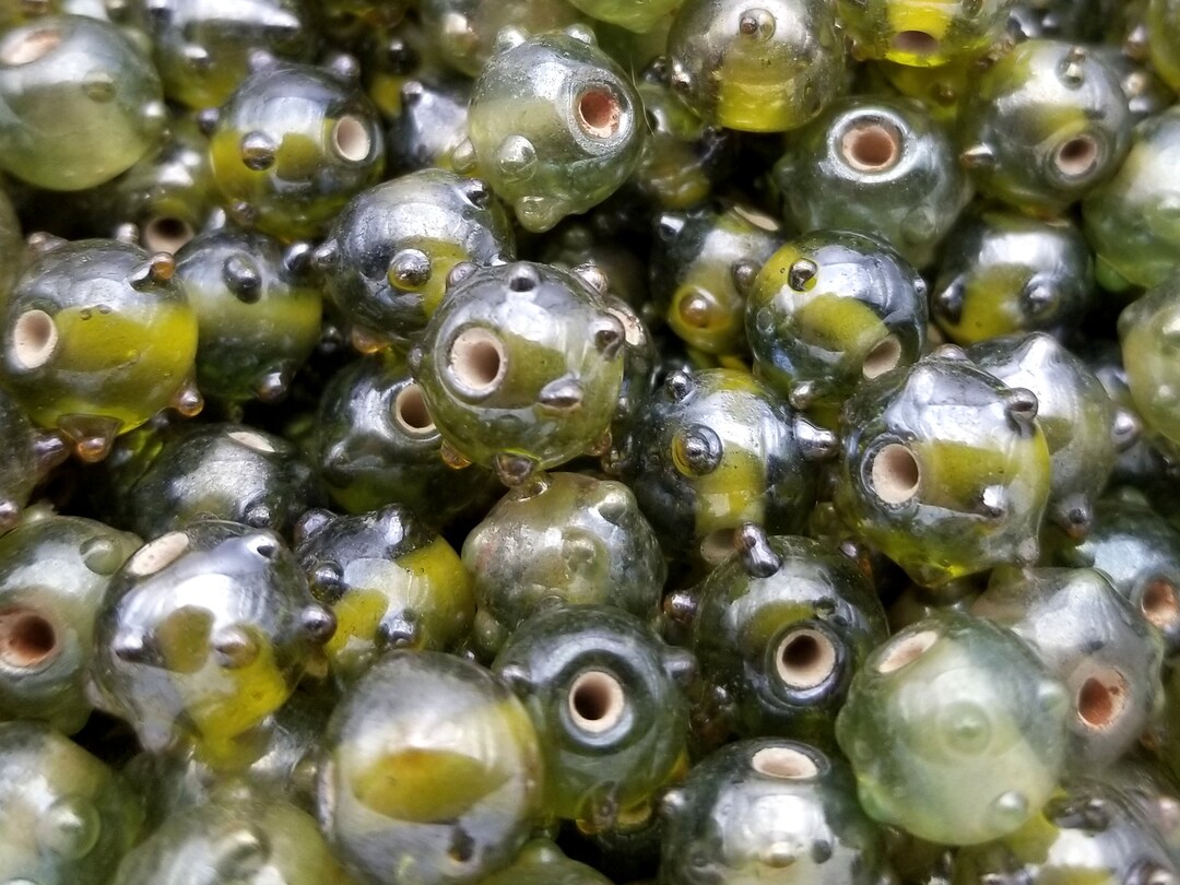 8/10mm Glass Bumpy Lampwork Beads - Olive Green With Yellow and Brown ...
