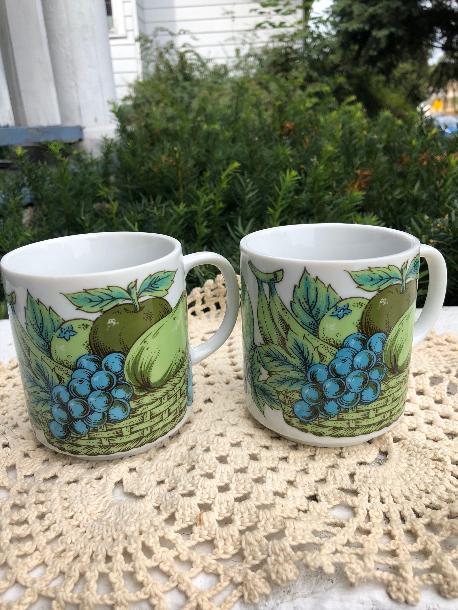 Vintage Ceramic Coffee Mugs With Blue And Green Fruit Design Etsy