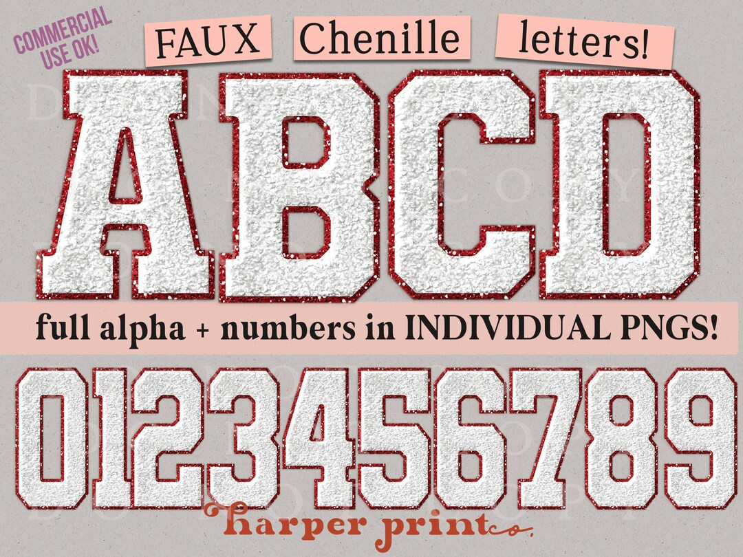 White Faux Chenille Varsity Patch Letters Red Glitter Alphabet PNG ...