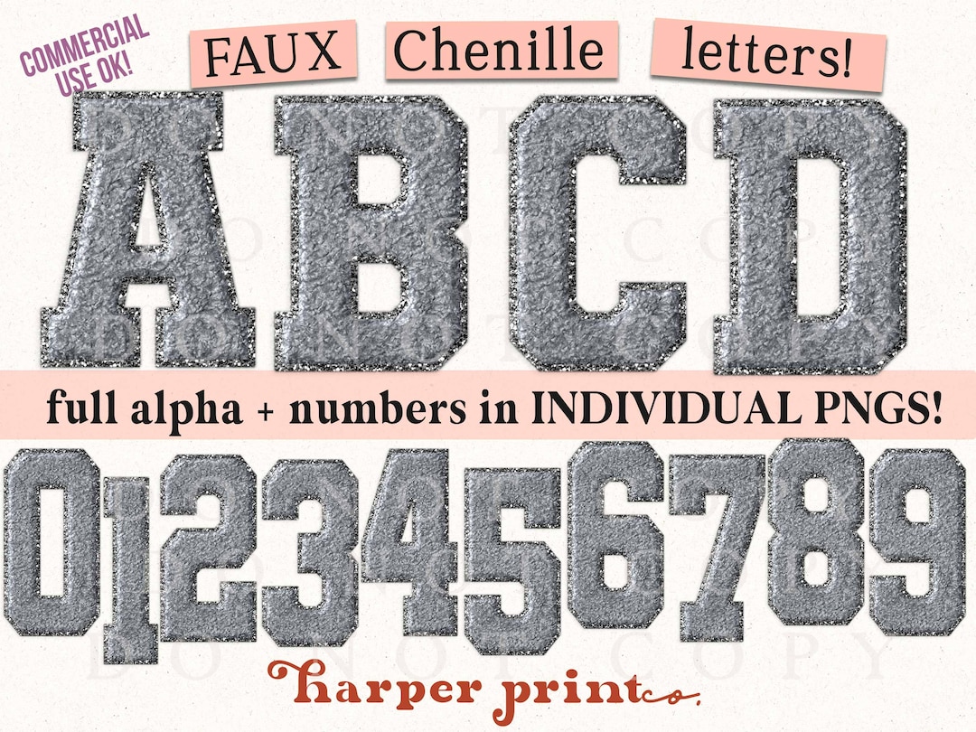Gray Silver Faux Chenille Alphabet PNG Varsity Letters, Sublimation ...