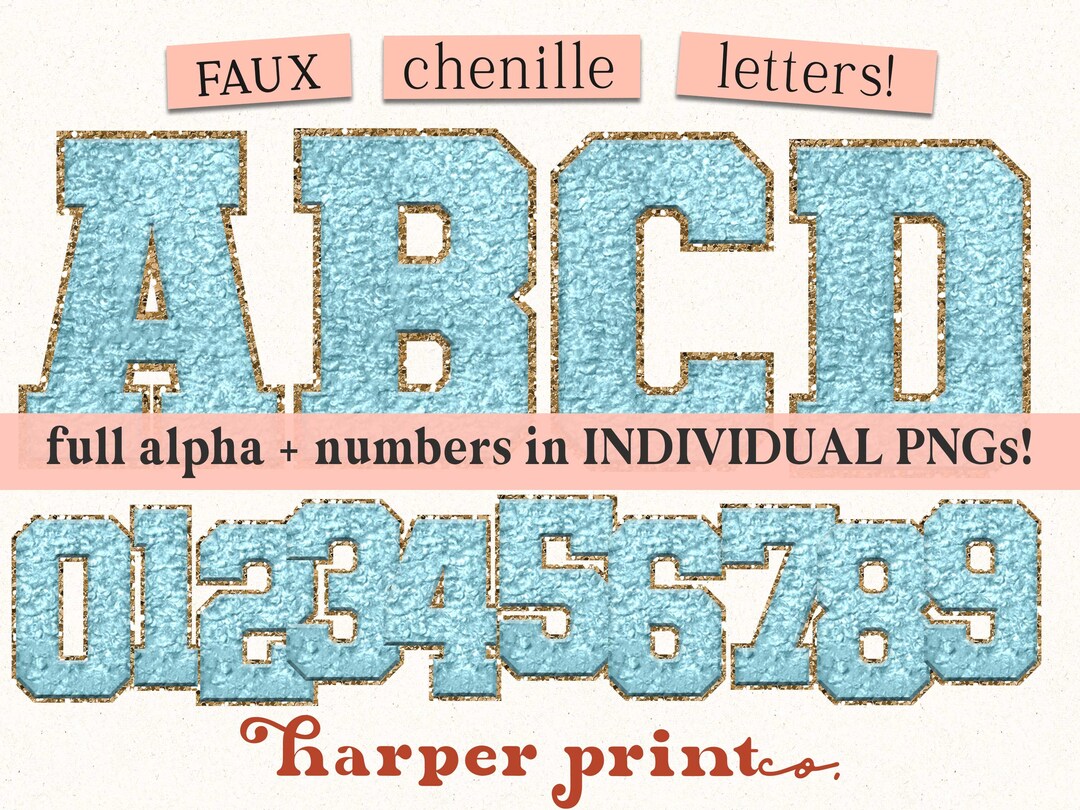 Light Blue Faux Chenille Varsity Patch Letters, Alphabet PNG ...