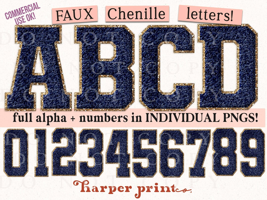 Navy Blue and Gold Chenille Alphabet PNG Varsity Letters, Sublimation ...