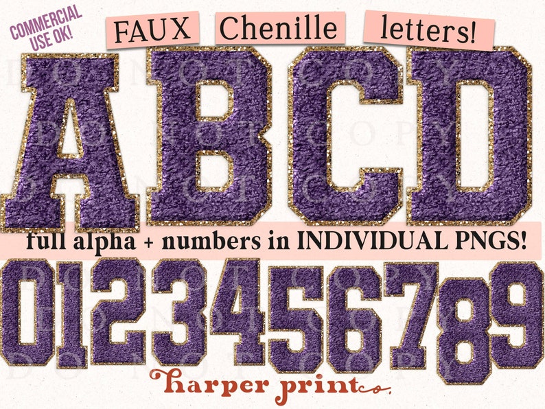 Purple Gold Faux Chenille Alphabet PNG Varsity Letters, Sublimation ...