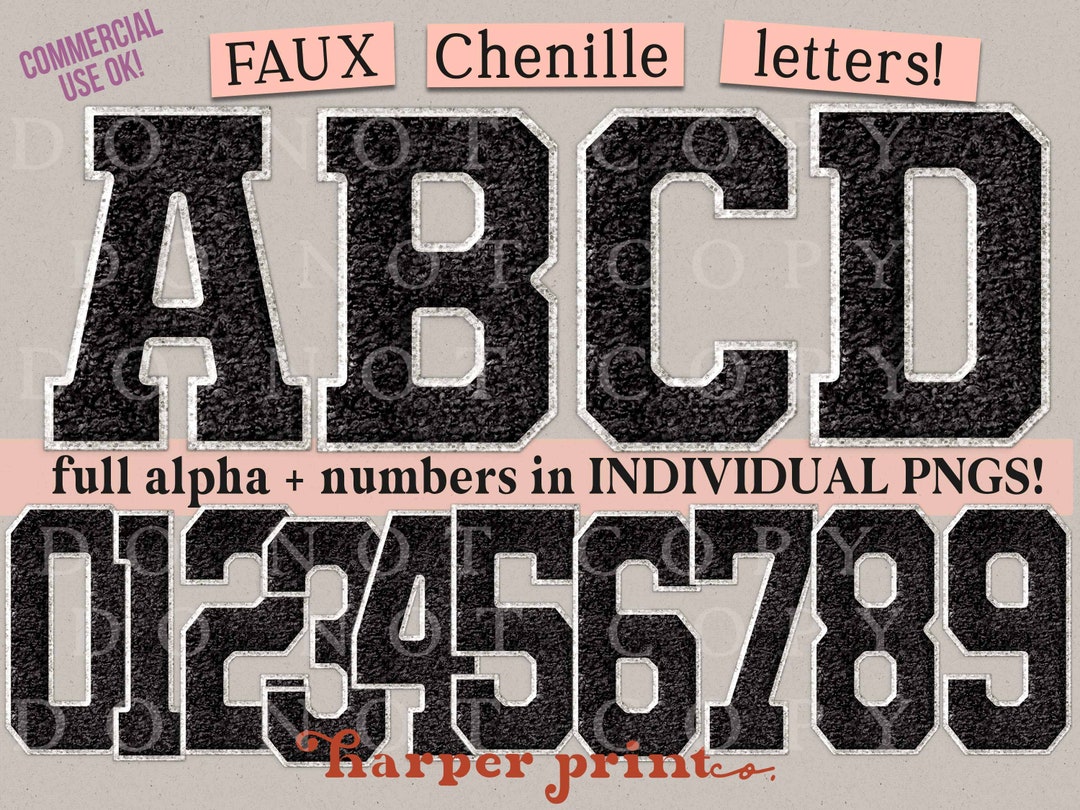Black and White Faux Chenille Alphabet PNG Varsity Letters, Sublimation ...
