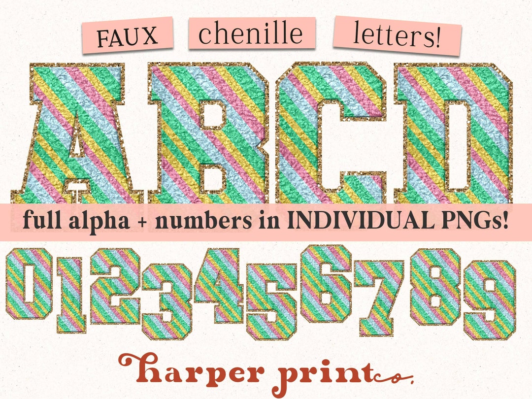 Varsity Letters Faux Chenille Alphabet PNG, Rainbow Stripe, Patches ...