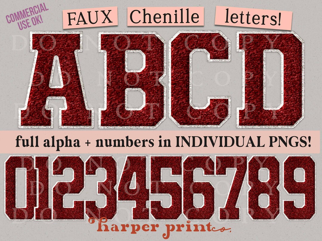 Crimson Red and White Faux Chenille Varsity Patch Letters Alphabet PNG ...