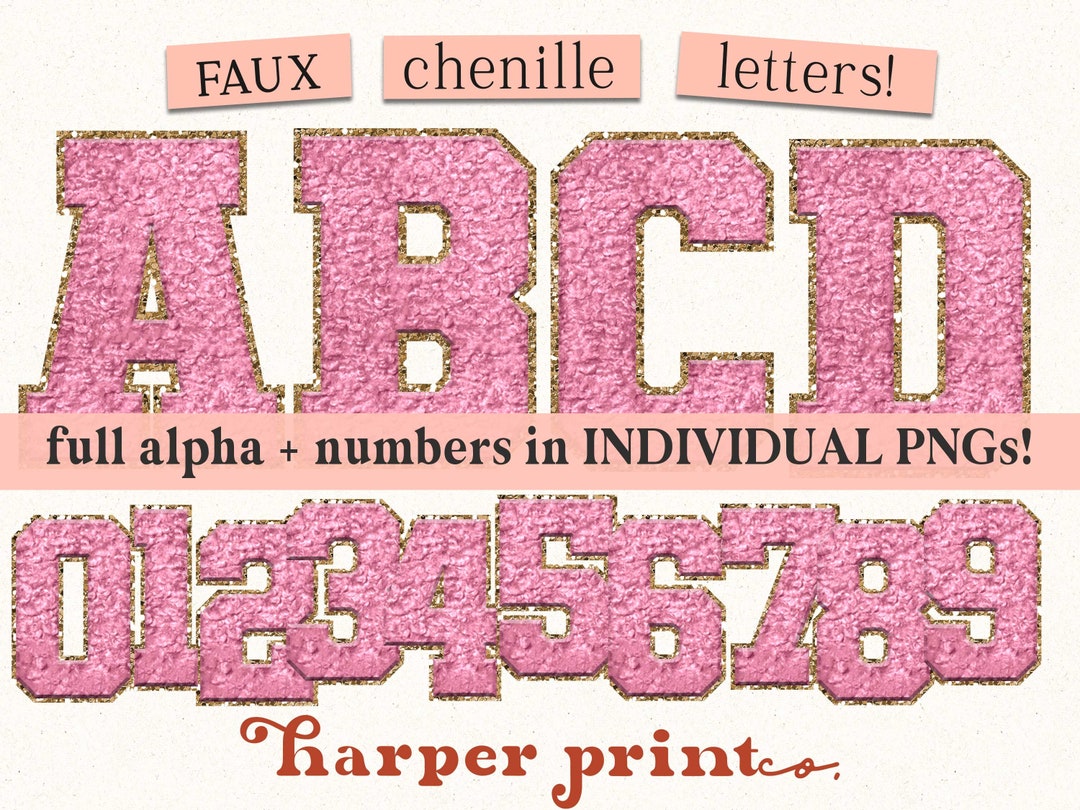 Pink Varsity Letters Faux Chenille Alphabet PNG, Patches, Sublimation ...