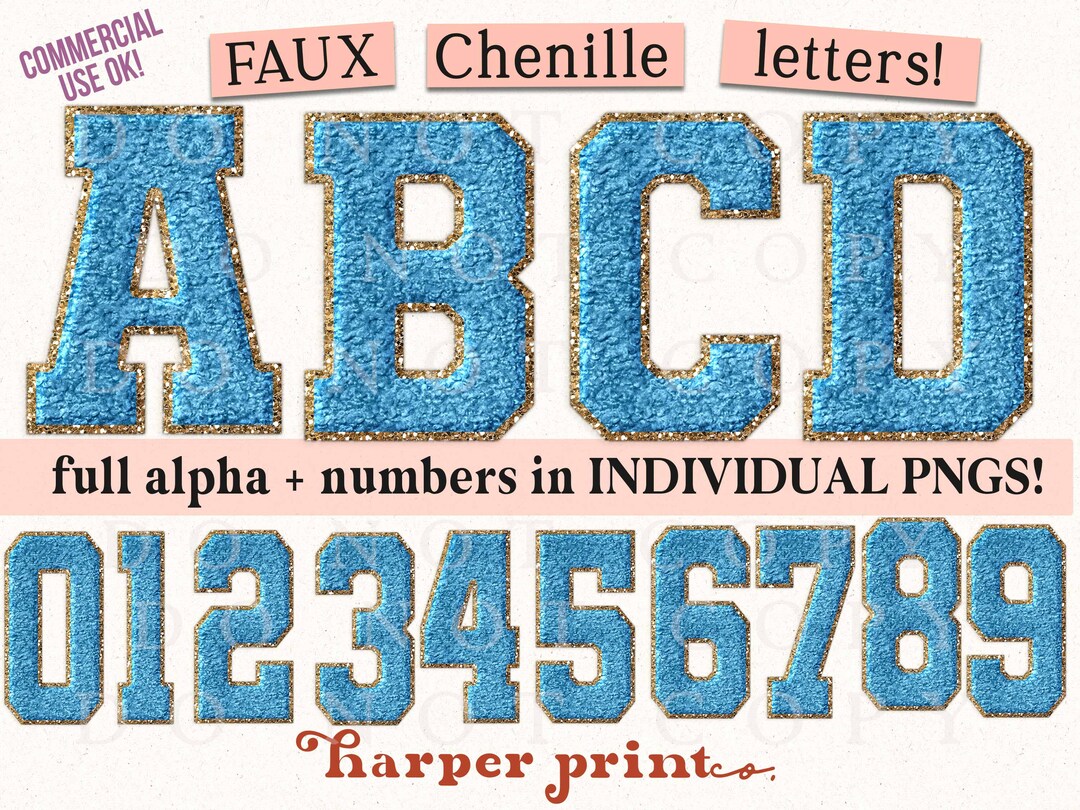 Columbia Blue and Gold Faux Chenille Alphabet PNG Varsity Letters ...