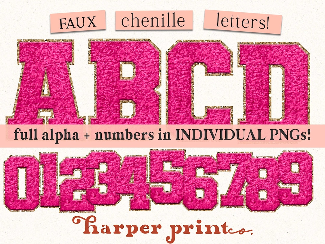 Hot Pink Faux Chenille Varsity Patch Letters, Alphabet PNG, Sublimation ...