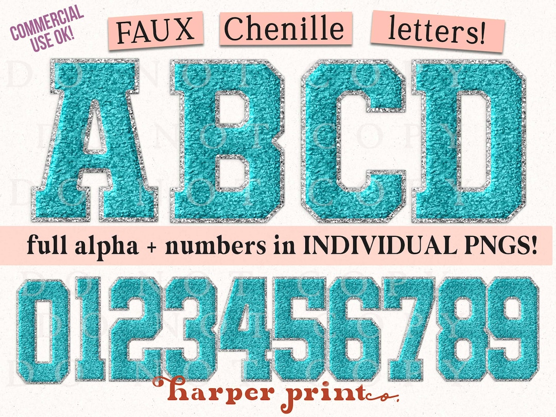 Teal Blue and Silver Faux Chenille Alphabet PNG Varsity Patch Letters ...