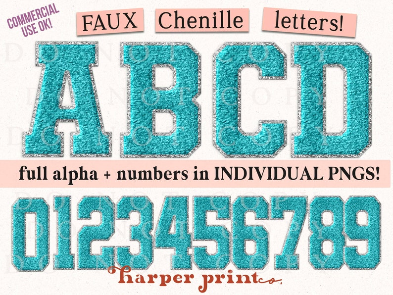 Teal Blue and Silver Faux Chenille Alphabet PNG Varsity Patch Letters ...