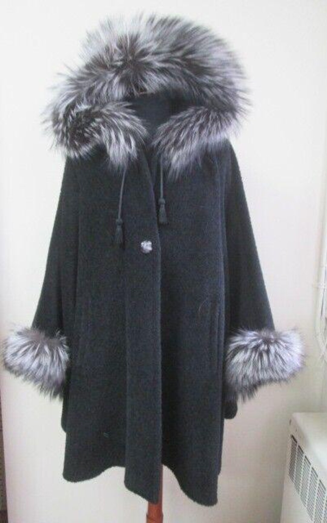 Women's New Black Alpaca Hooded Cape With Silver Fox Fur Trims - Etsy