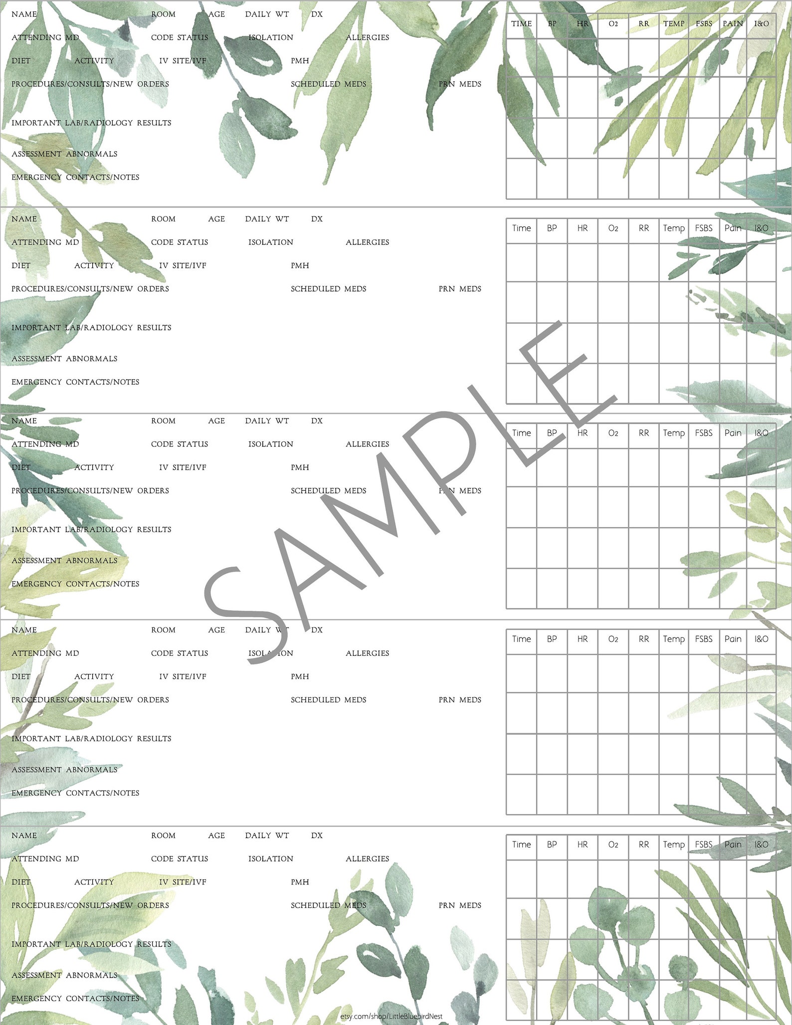 Nurse Report Sheet - Five Patient - SET of 5 - Etsy Canada