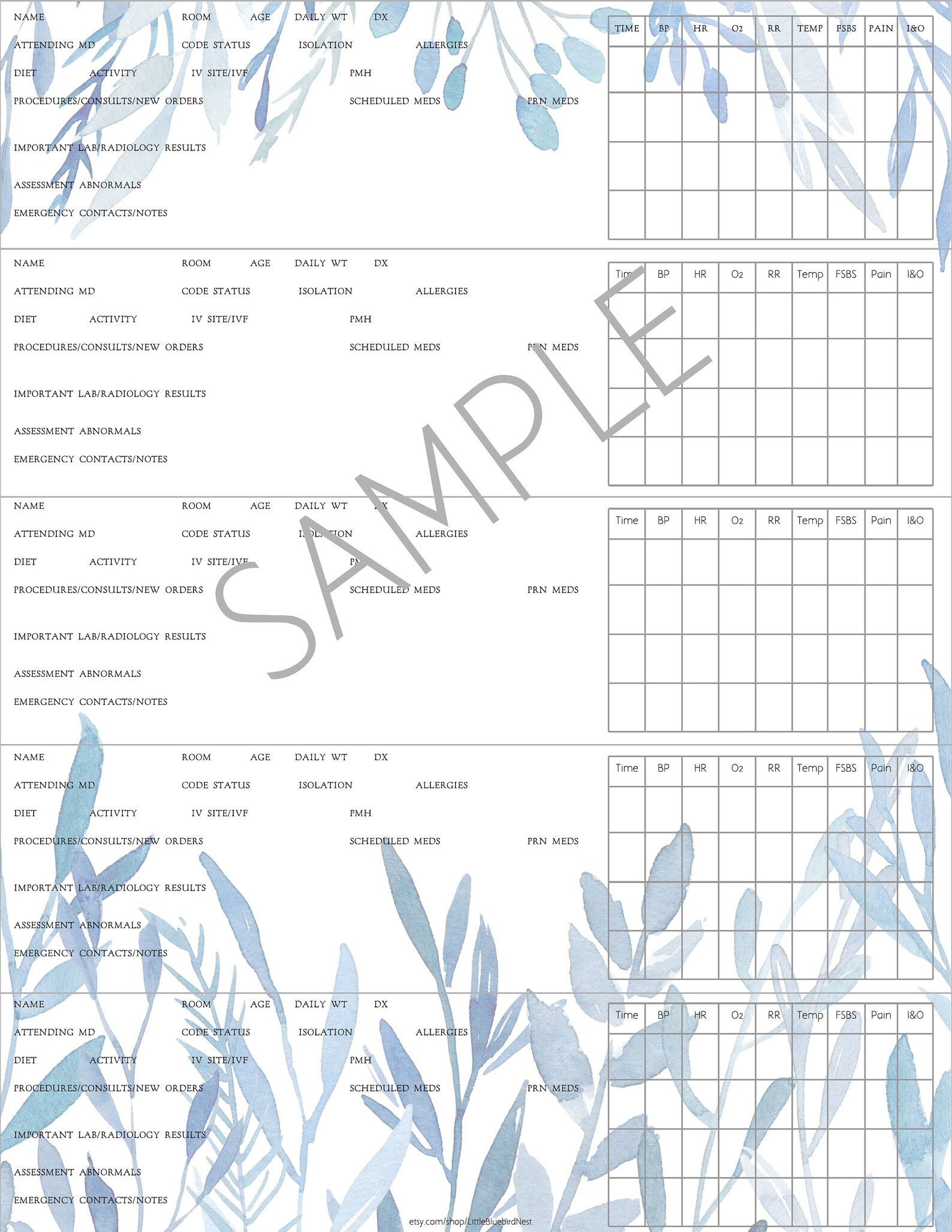 Nurse Report Sheet - Five Patient - SET of 5 - Etsy Canada