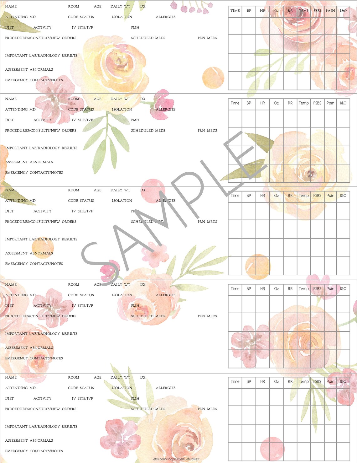 Nurse Report Sheet - Five Patient - SET of 5 - Etsy Canada