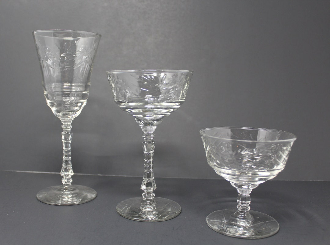 Libbey Rock Sharpe in the "arctic Rose" Pattern, 3 Stem Style Sets ...