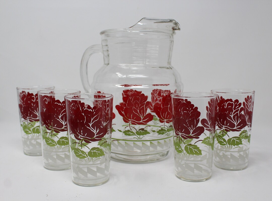 Vintage Anchor Hocking Style Pitcher and 5 Glasses Set With Red Flowers ...