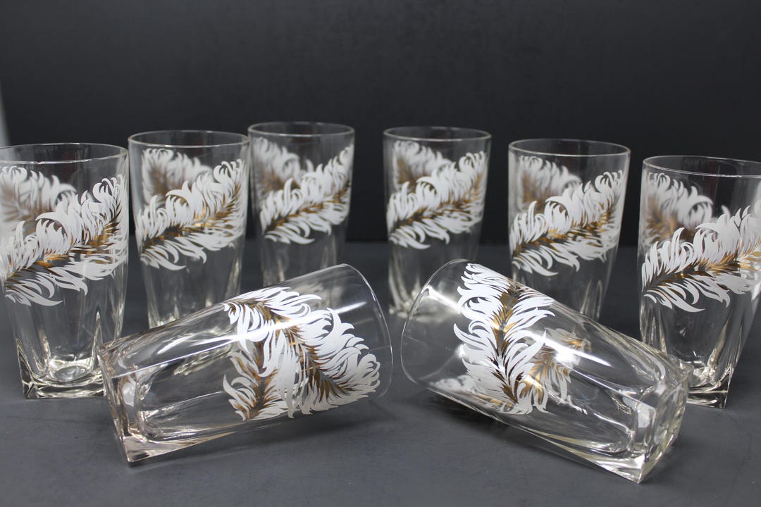 Set of 8 MCM White & Gold Feather, Square Based Glasses - Etsy