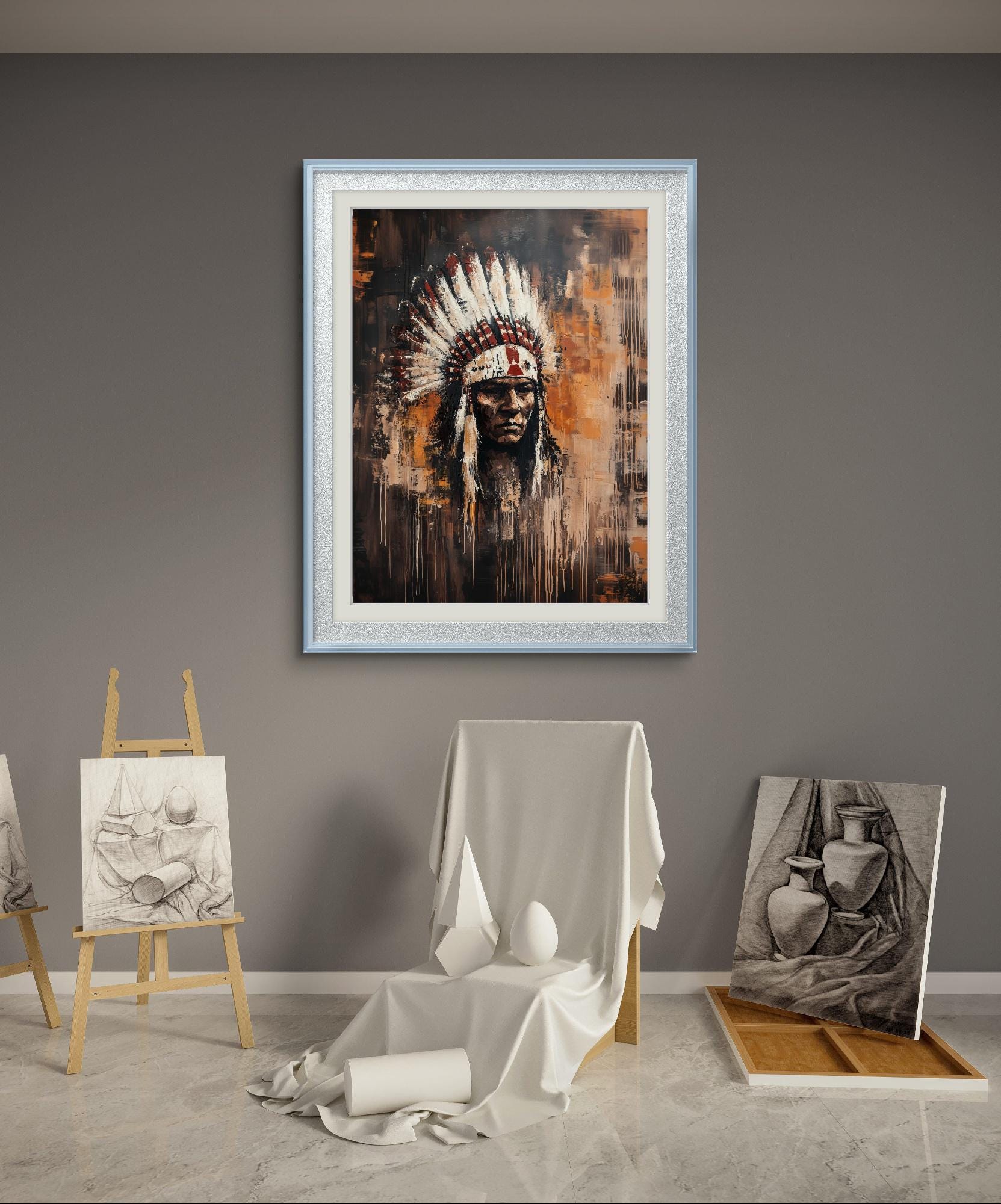 Native American Warrior Wall Art – Dramatic Tribal Chief Portrait With ...