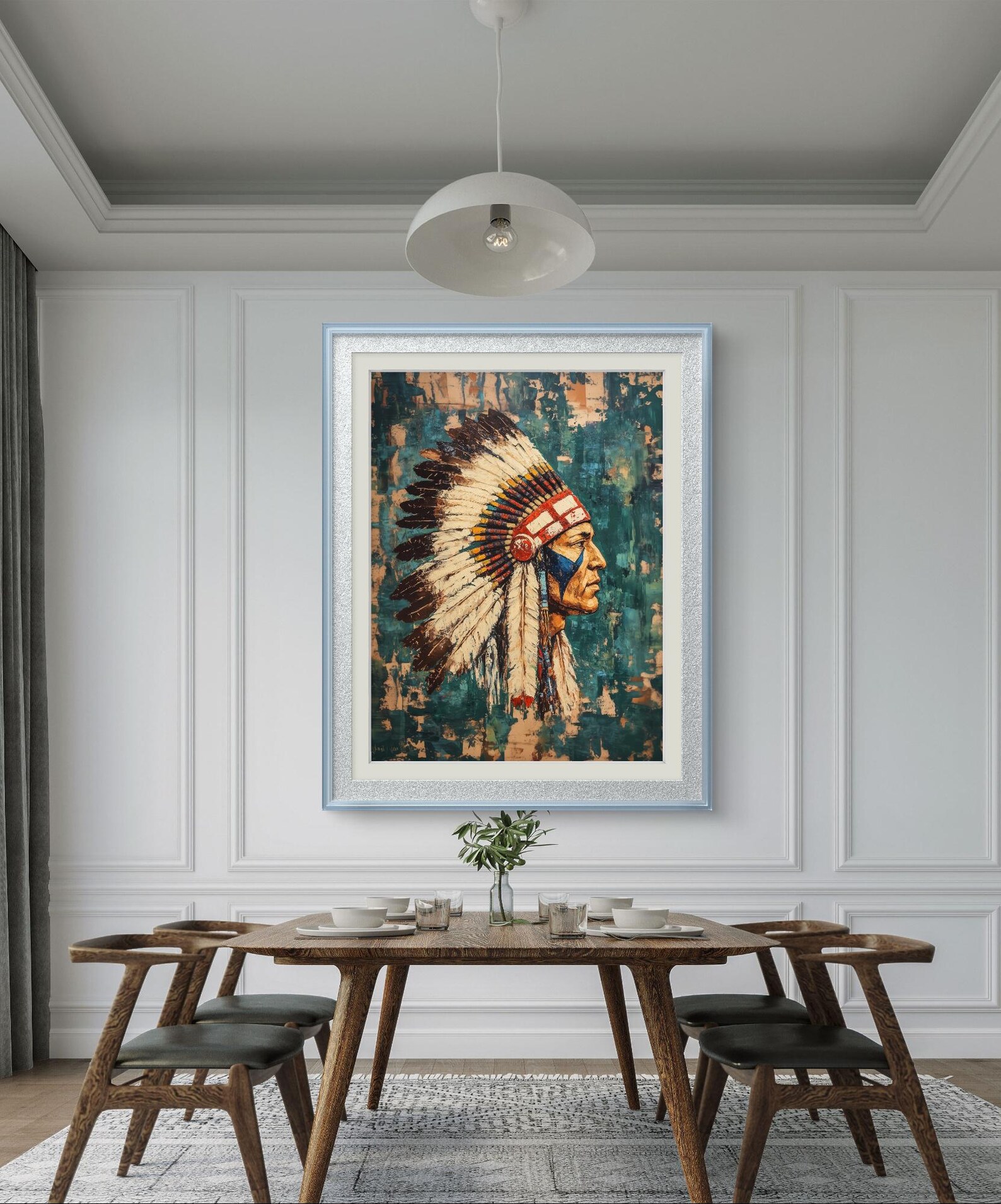 Native American Chief Portrait Art: Tribal Headdress, Teal Abstract ...