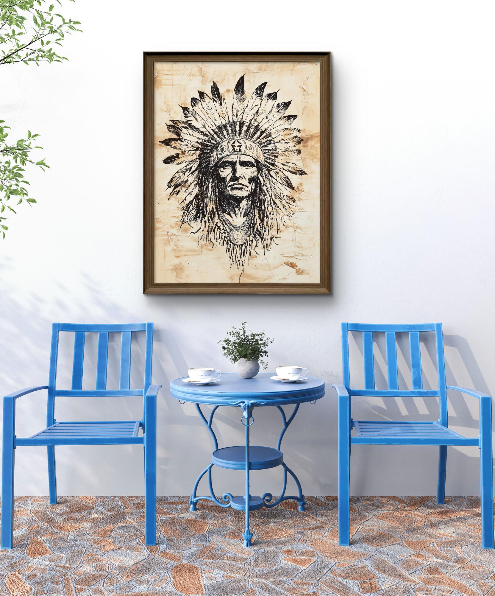 Vintage Native American Chief Printable Wall Art – Tribal Sketch of ...