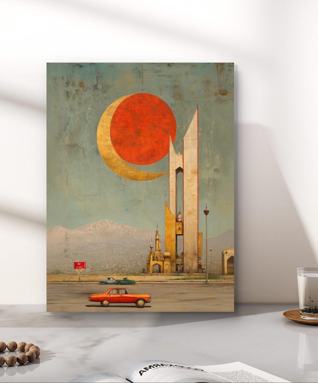 Retro Pakistan Cityscape Art Print: Mosque & Crescent Moon (digital ...