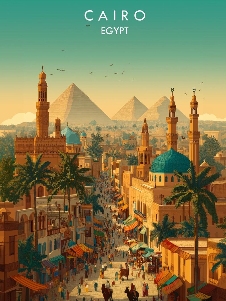 Cairo Egypt Travel Poster: Pyramids, Mosques, Bazaar (digital Download ...