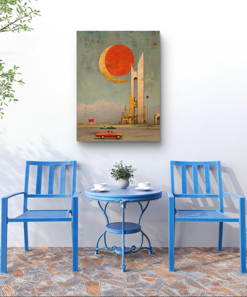 Retro Pakistan Cityscape Art Print: Mosque & Crescent Moon (digital ...