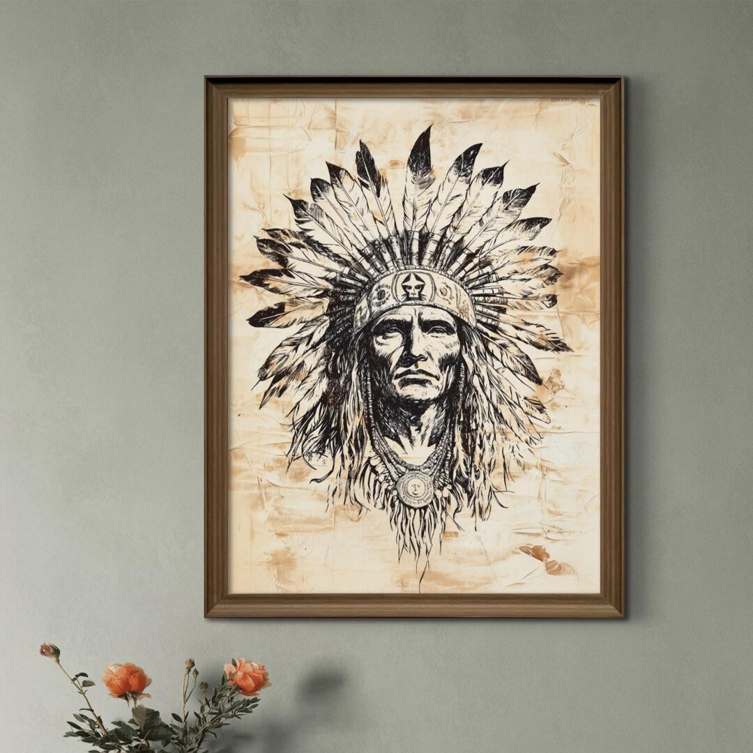 Vintage Native American Chief Printable Wall Art – Tribal Sketch of ...