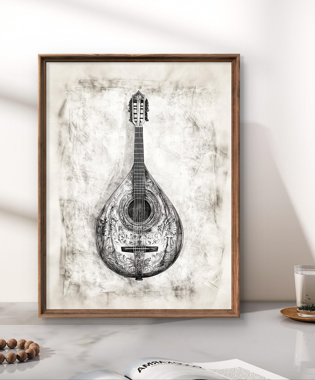 Vintage Ornate Portuguese Guitar Wall Art Print | Fado Instrument Ink ...