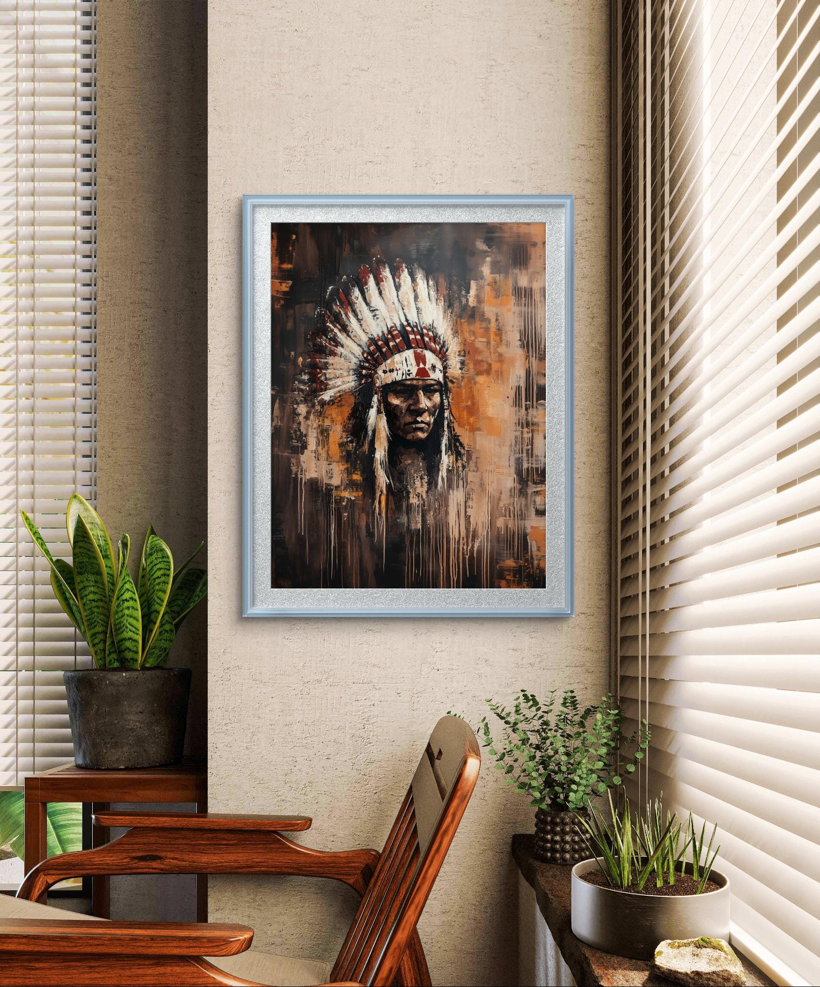 Native American Warrior Wall Art – Dramatic Tribal Chief Portrait With ...