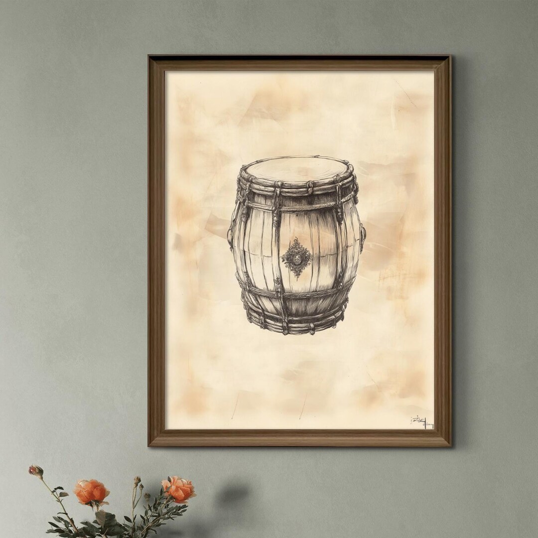 Traditional Punjabi Dholak Digital Wall Art – Vintage Hand-drawn Drum ...