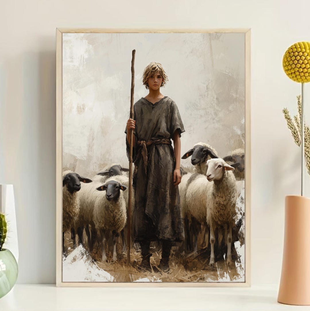 Young Shepherd With Sheep Painting: Rustic Farmhouse Wall Art (digital ...
