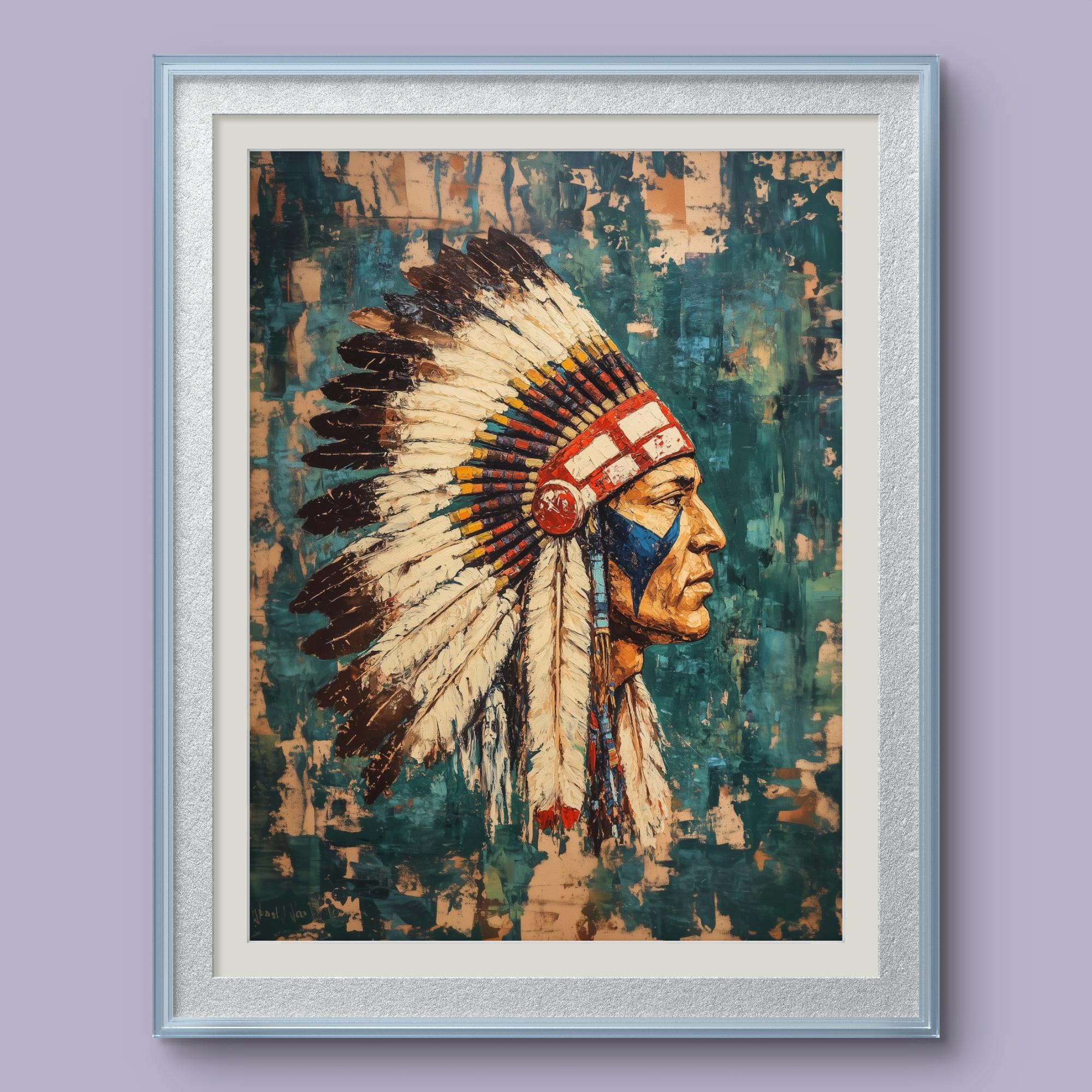 Native American Chief Portrait Art: Tribal Headdress, Teal Abstract ...