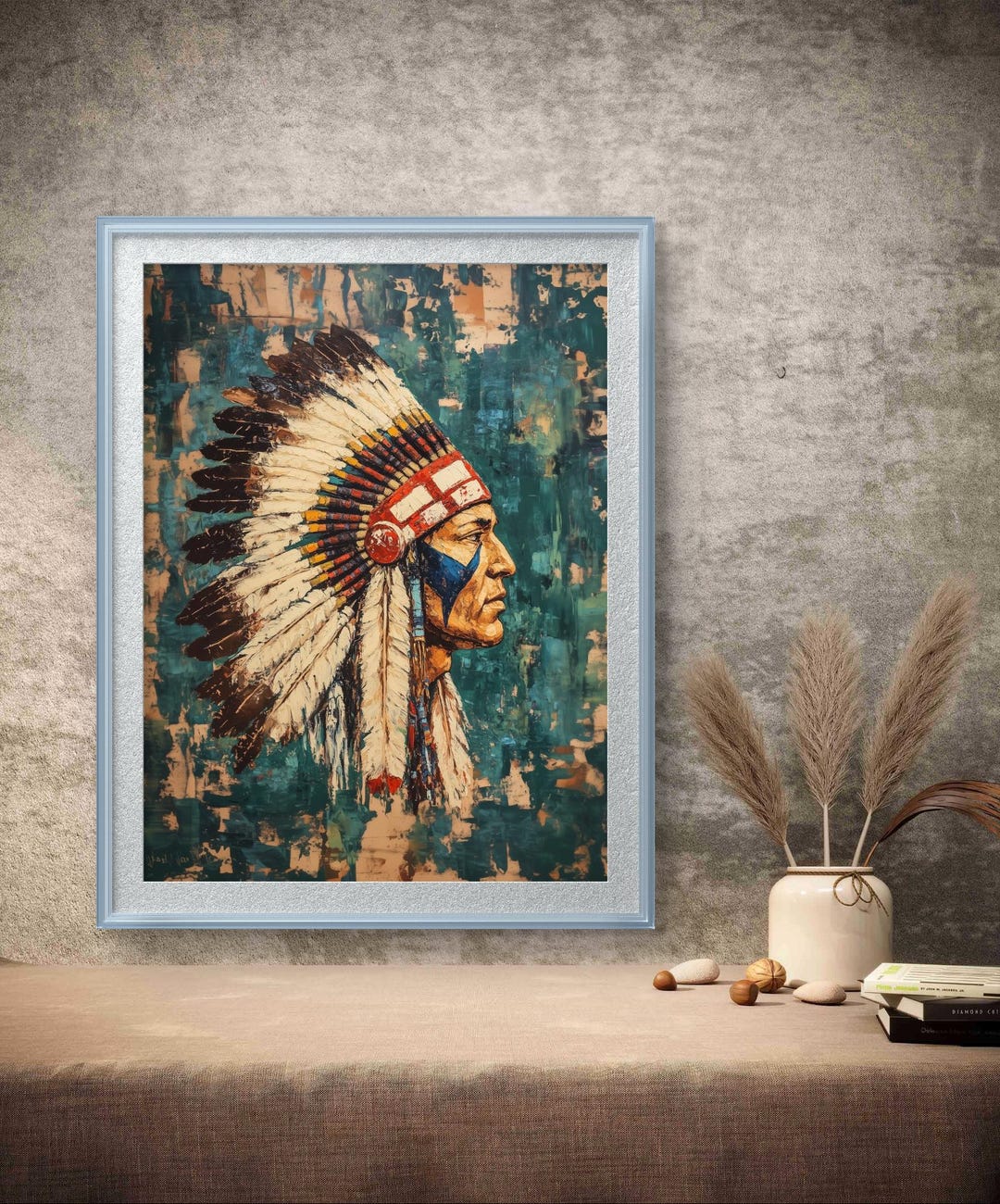Native American Chief Portrait Art: Tribal Headdress, Teal Abstract ...