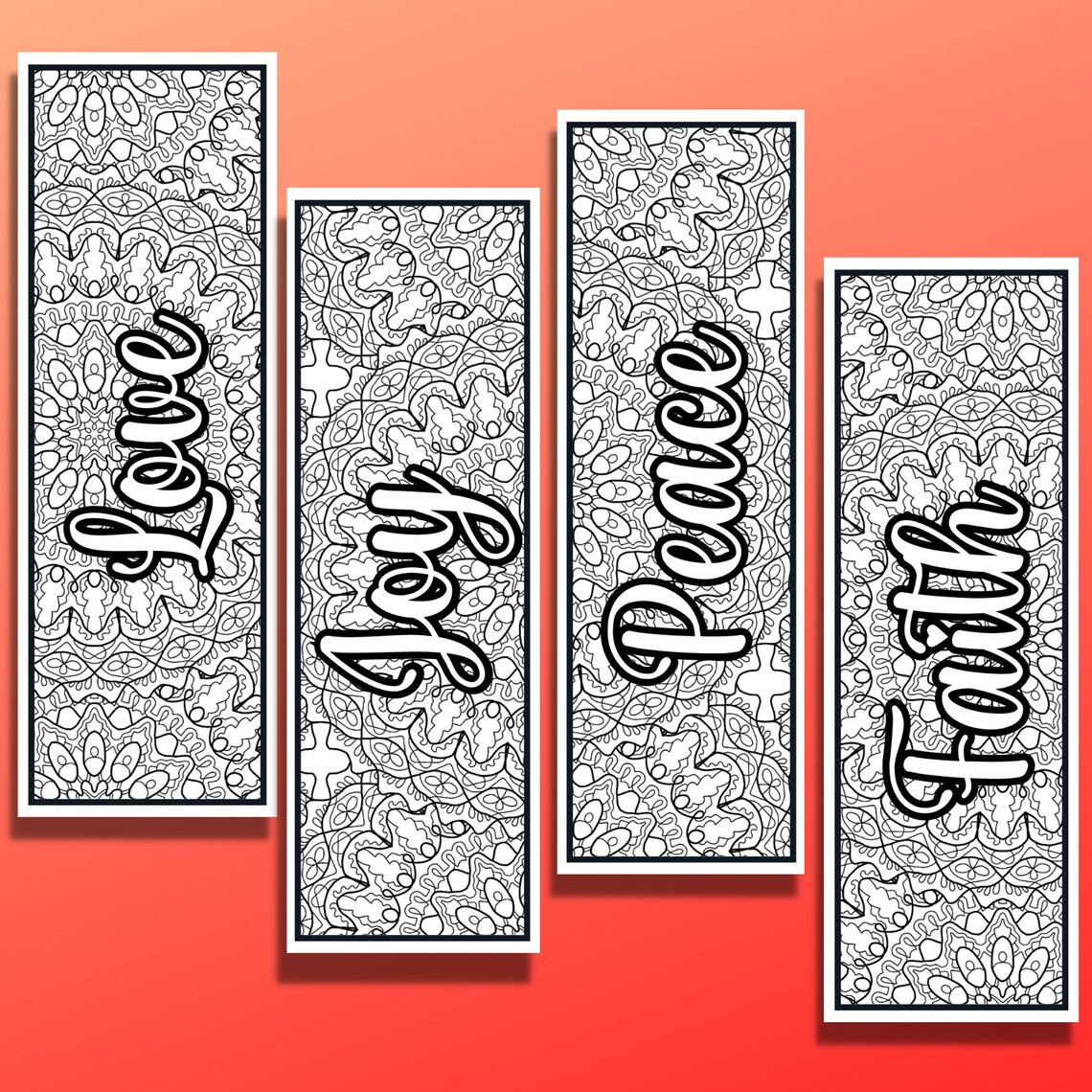 4 Printable Coloring Bookmarks With Mandala Pattern,love Joy Peace ...