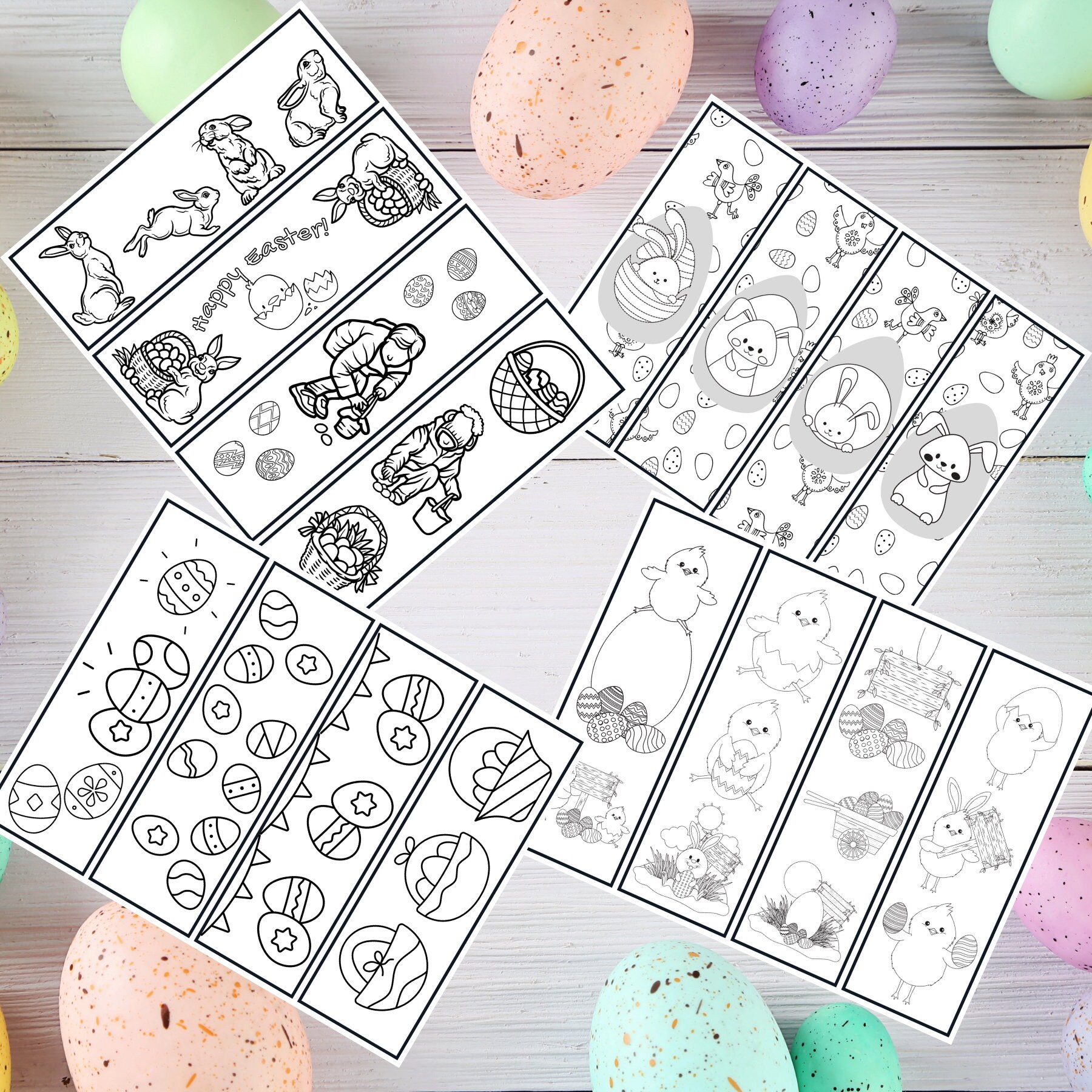 16 Printable Coloring Bookmarks for Easter,cute Bunnies Chicks Egghunt ...