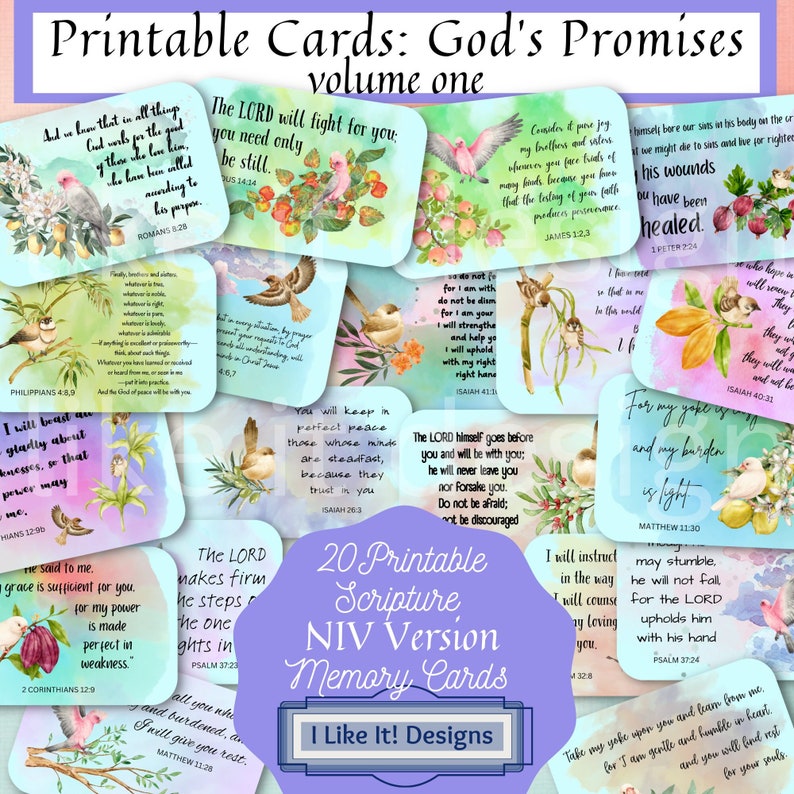 20 Printable Scripture Cards: Vol 1 God's Promises Niv,scripture Memory ...