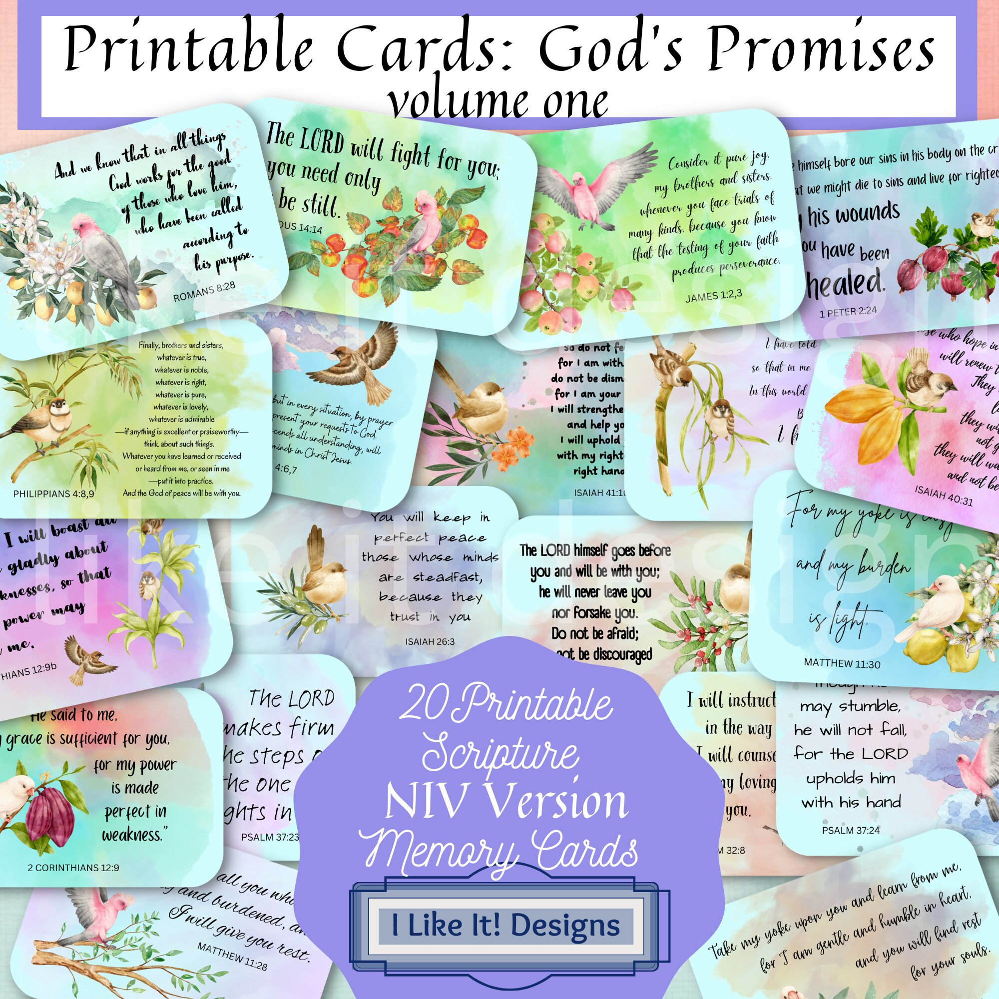 20 Printable Scripture Cards: Vol 1 God's Promises Niv,scripture Memory ...