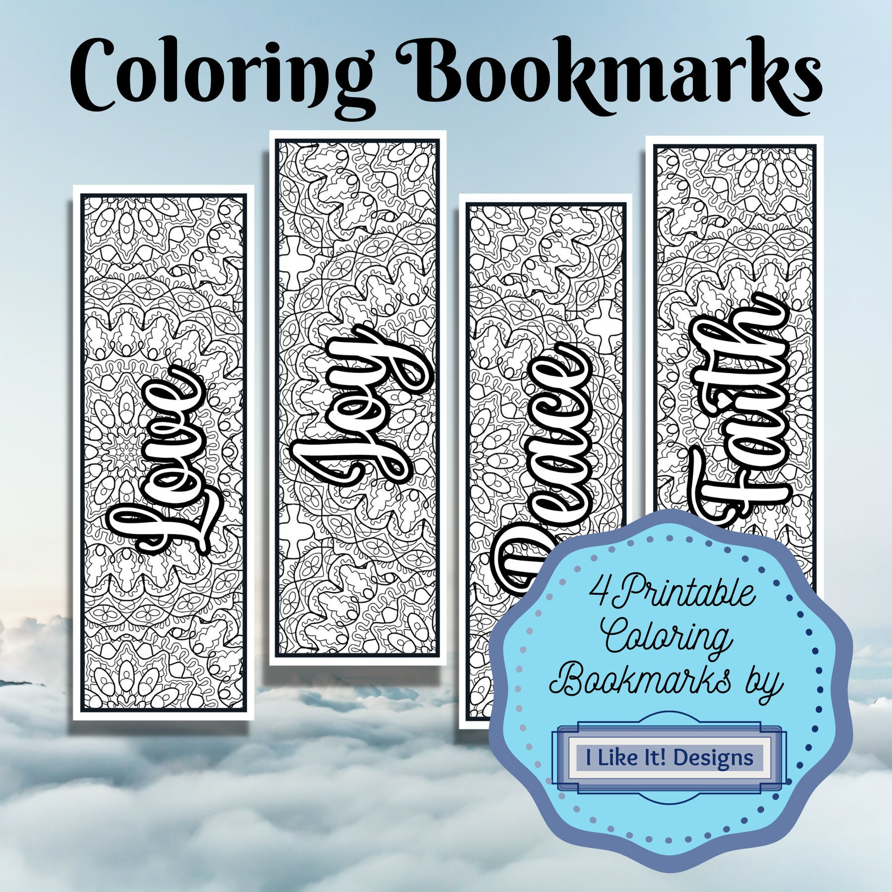 4 Printable Coloring Bookmarks With Mandala Pattern,love Joy Peace ...