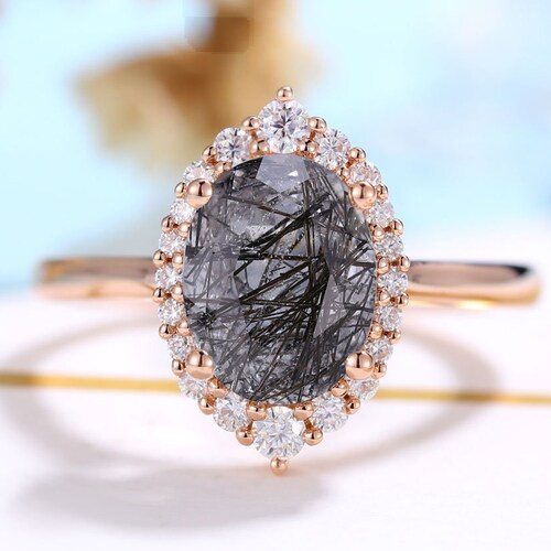 Black Rutilated Quartz Engagement Ring Women Rose Gold Ring | Etsy