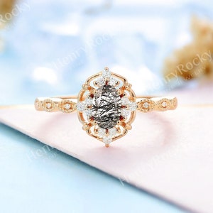 Black Rutilated Quartz Engagement Ring Rose Gold Antique Oval - Etsy