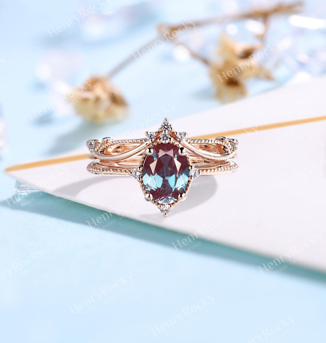 Oval Lab Alexandrite Engagement Ring Set Women Rose Gold Milgrain ...