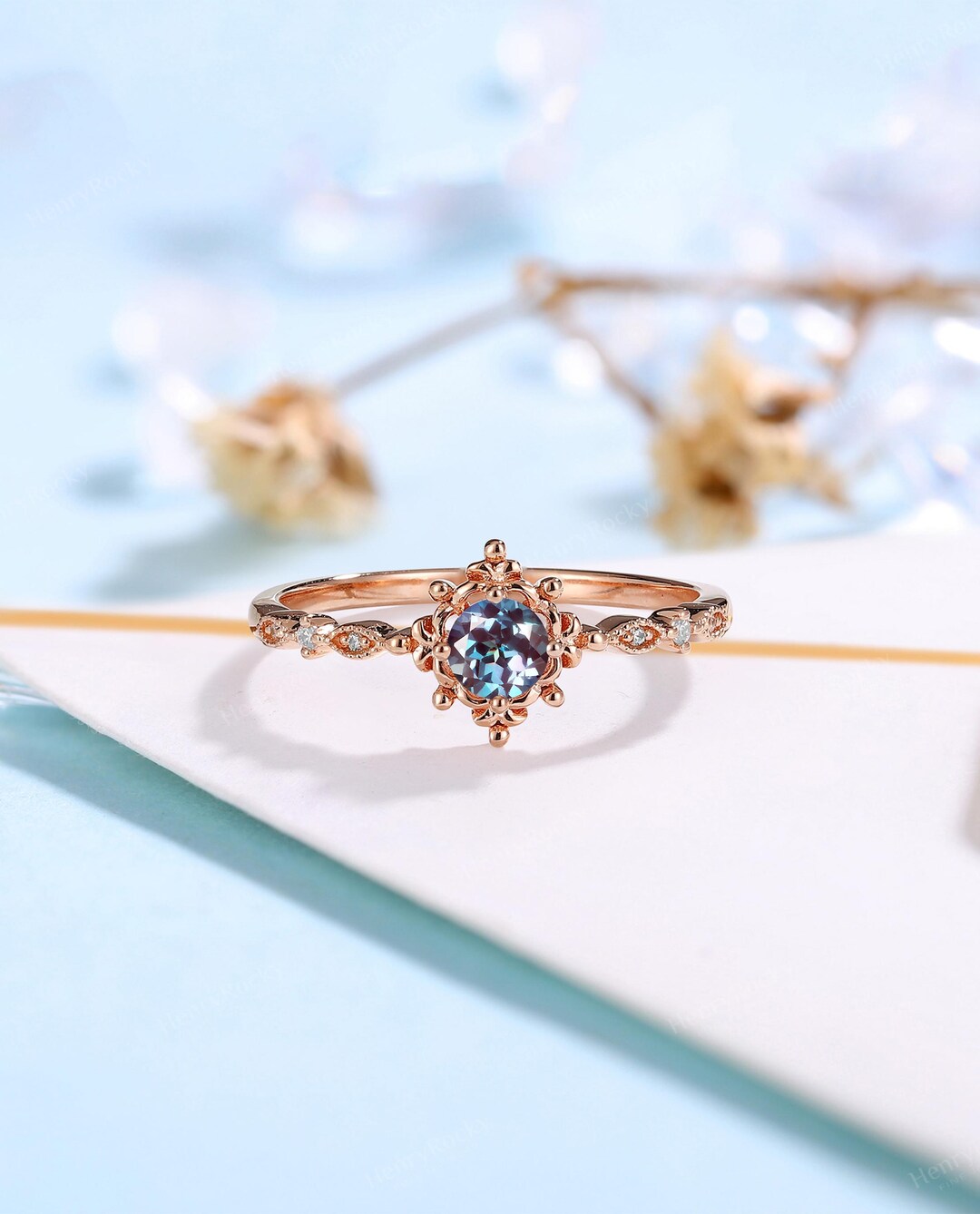 Vintage Lab Alexandrite Engagement Ring - 14K Gold Wedding Ring ...