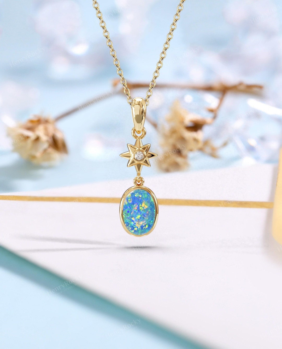 Opal Pendant Necklace - Unique Octagram Gold Pendant | Vintage Bezel ...