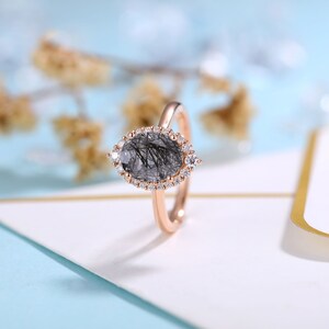 Black Rutilated Quartz Engagement Ring Women | Rose Gold Ring Diamond ...