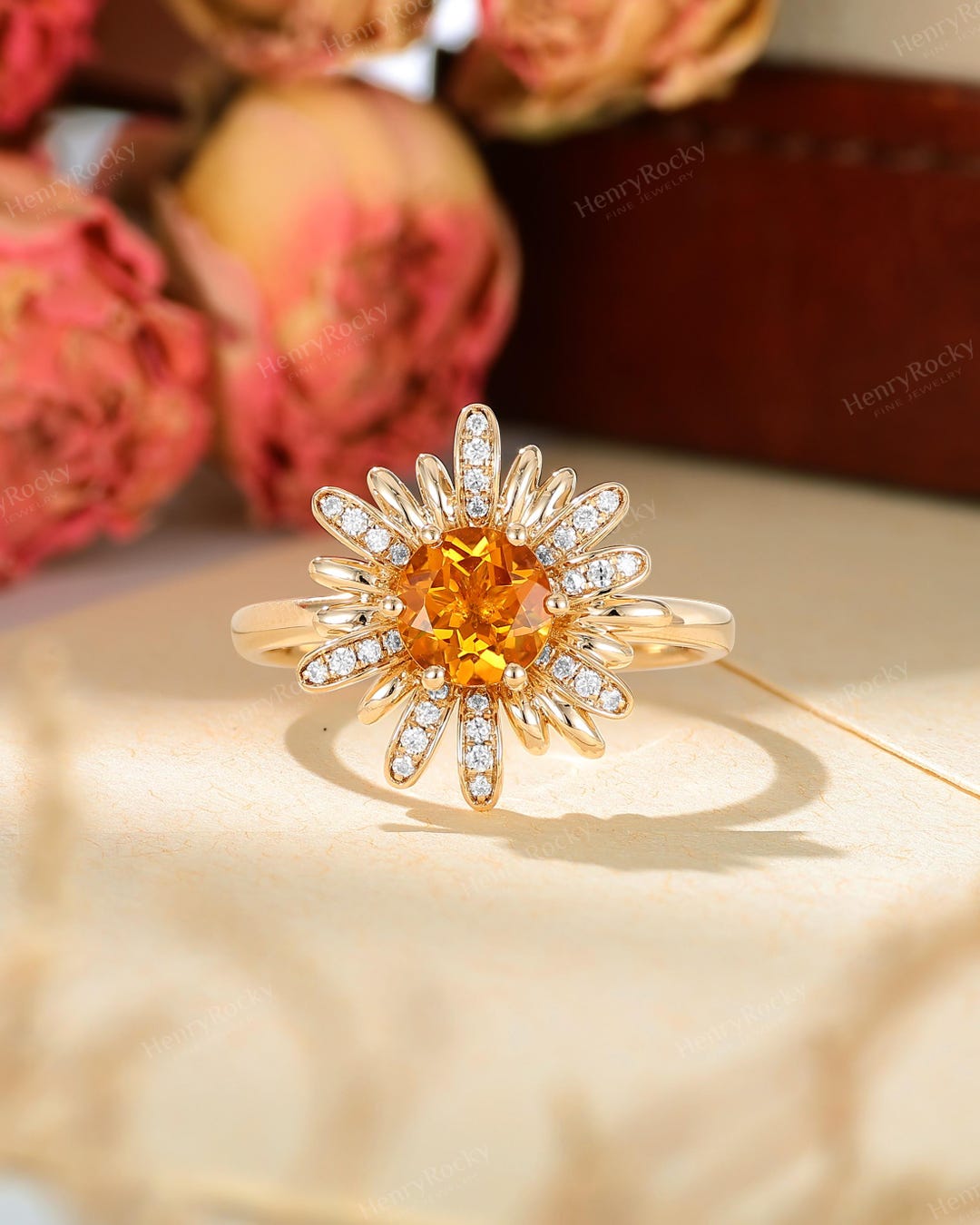 Sunflower Engagement Ring - Yellow Gold Wedding Ring, Citrine Floral ...