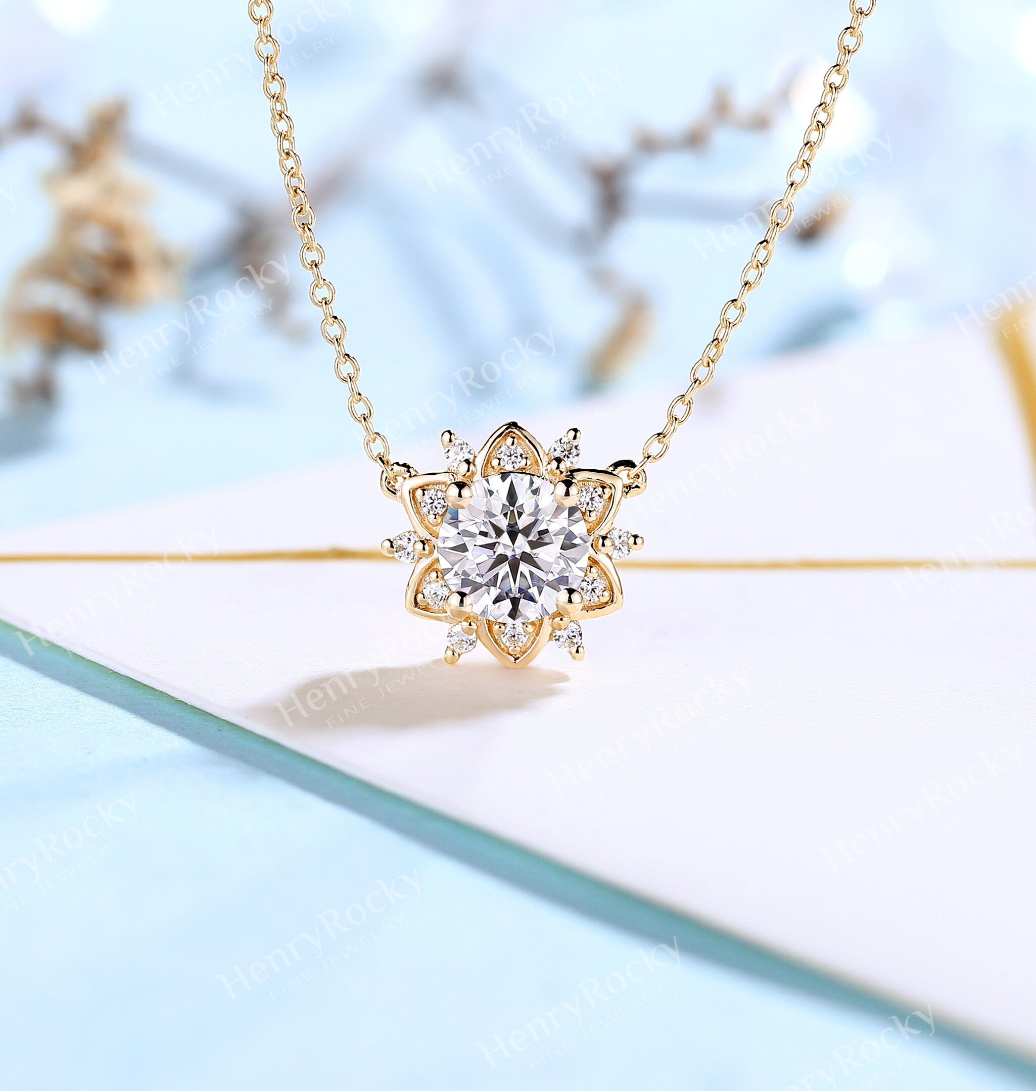 Vintage Moissanite Pendant Necklace Rose Gold Necklace Delicate Floral Necklace Unique Round Cut Diamond Necklace Anniversary Charm Necklace