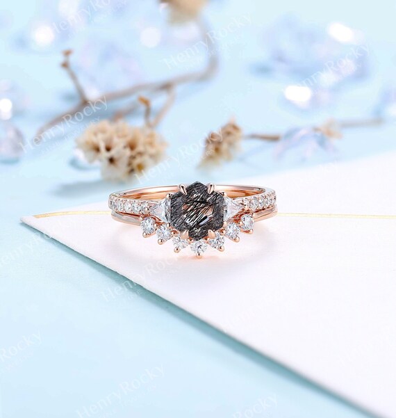 Black Rutilated Quartz Engagement Ring Set Vintage Hexagon | Etsy